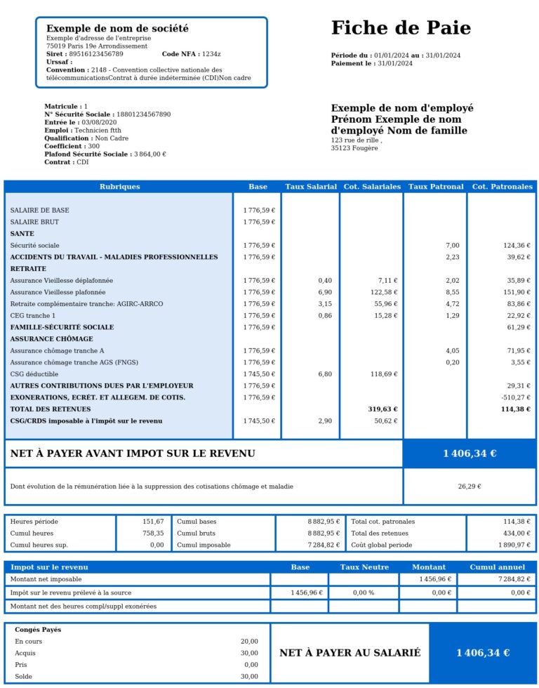 Exemple de fiche de paie - Générateur de fiches de paie en ligne