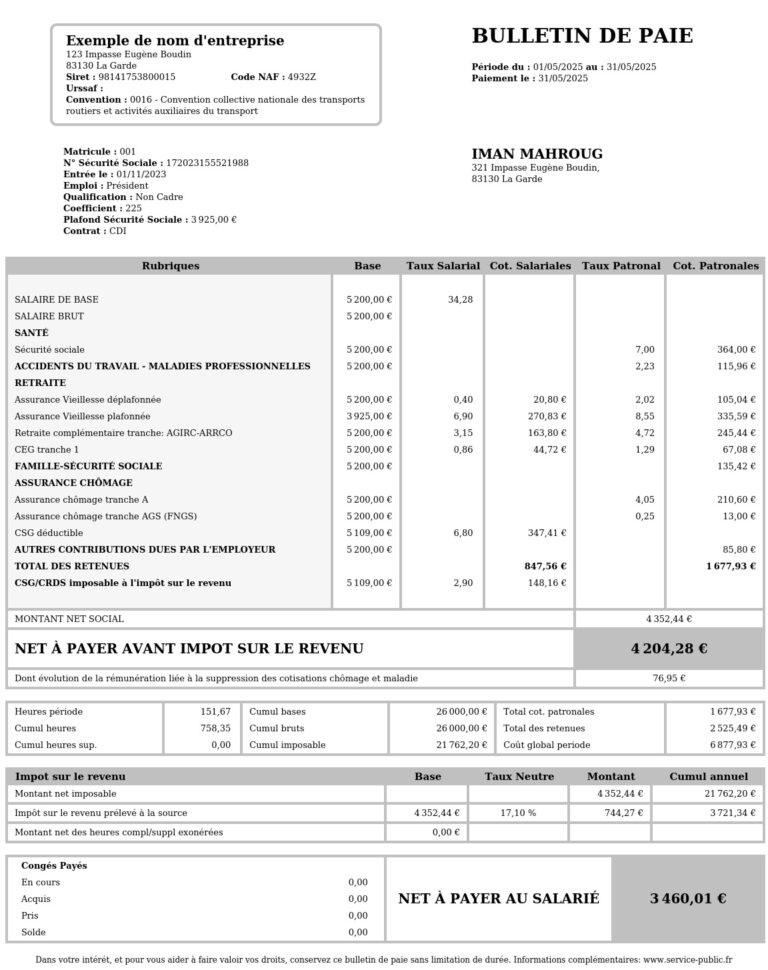 Exemple de fiche de paie - Générateur de fiches de paie en ligne